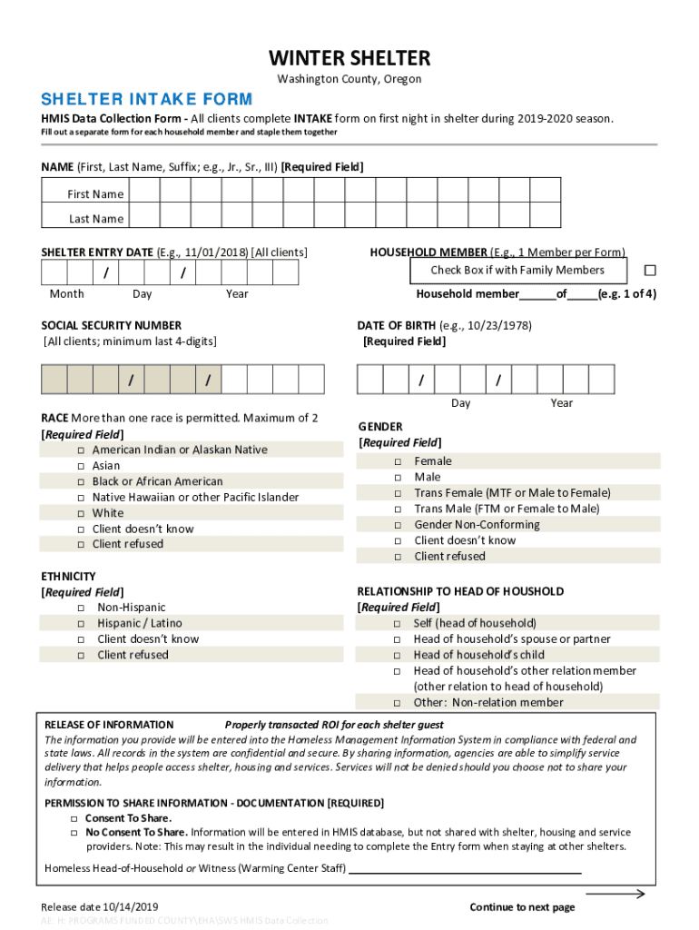 Fillable Online CMIS/HMIS Intake Form Agency or Event Name Section 1 ...