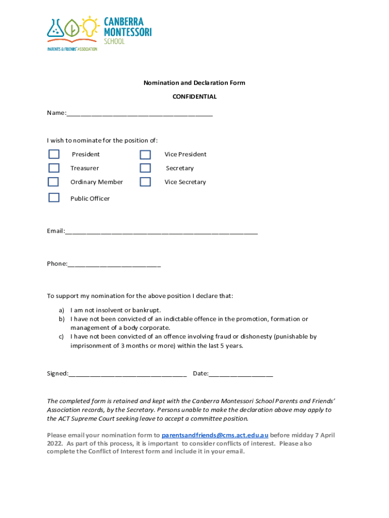 Fillable Online Nomination and Declaration Form CONFIDENTIAL Name Fax ...