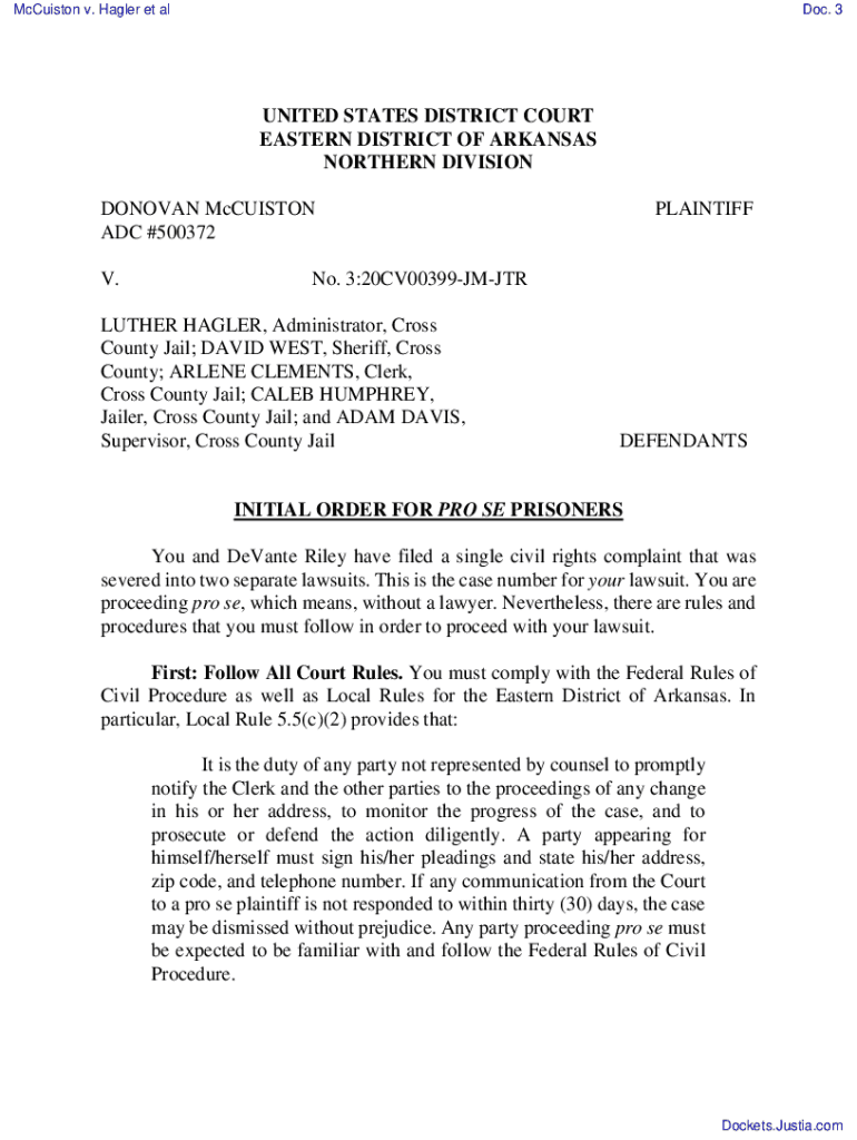 Fillable Online INITIAL ORDER FOR PRO SE PRISONERS. Denying without prejudice 1 Motion for leave ...