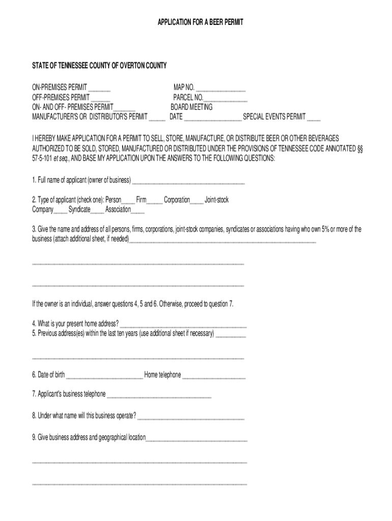 Fillable Online + application for a beer permit state of tennessee ...