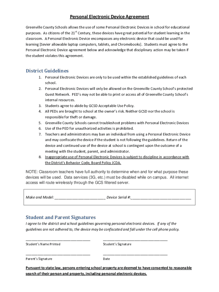 Fillable Online Personal Electronic Device Agreement Fax Email Print ...