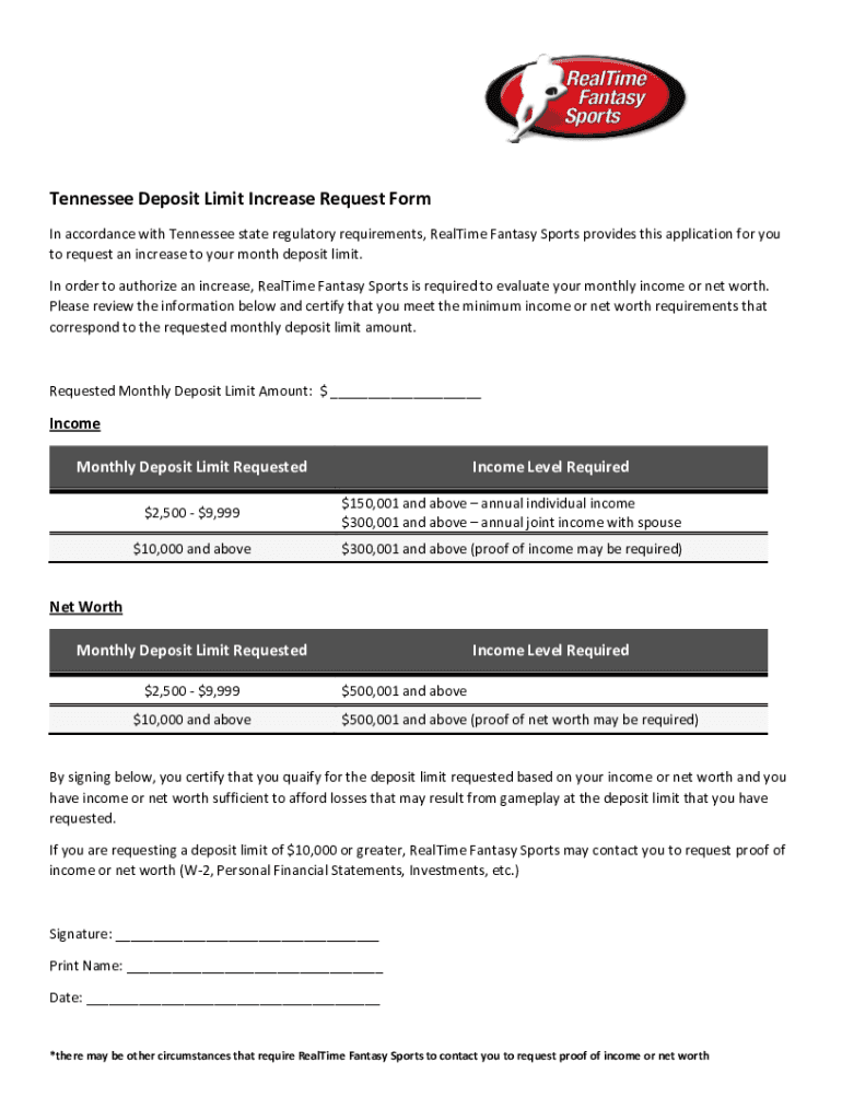 Fillable Online Tennessee Deposit Limit Increase Request Form Fax Email ...