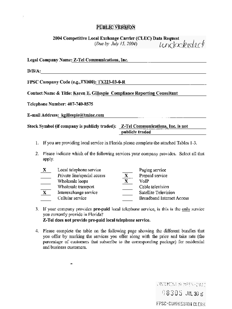 Fillable Online Competitive Local Exchange Carrier (CLEC) Data Reque ...