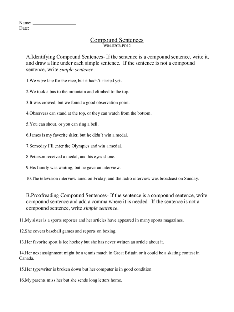 Fillable Online SIMPLE AND COMPOUND SENTENCES Fax Email Print - pdfFiller