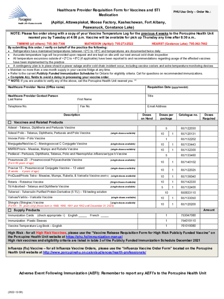 Fillable Online Vaccine Requisition Form First Nations Communities. 2203-97 (04/02) Fax Email ...
