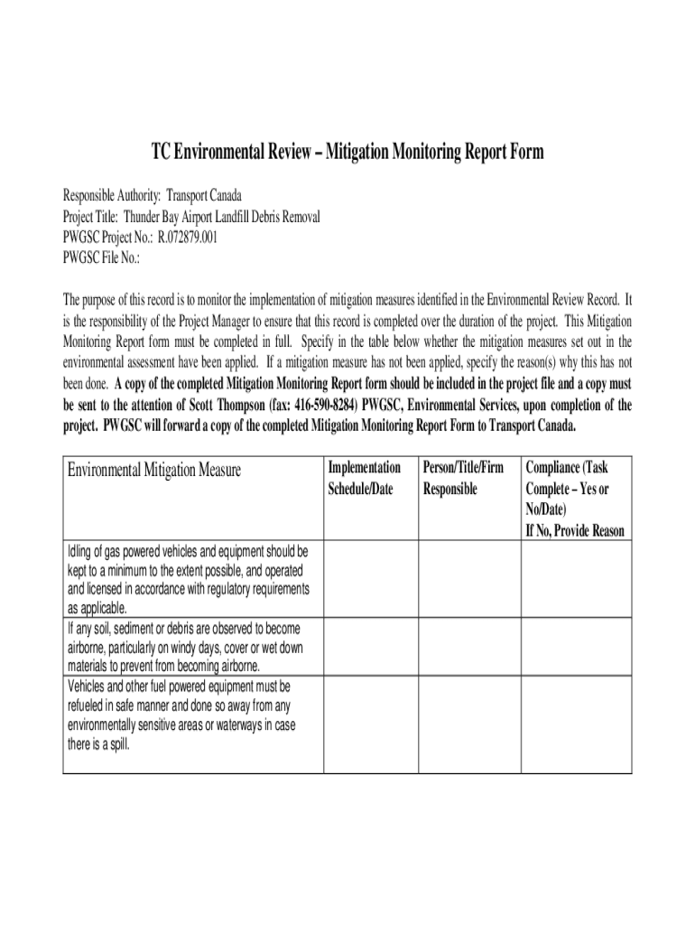Fillable Online CEAA Enviornmental AssessmentMitigation Monitoring ...