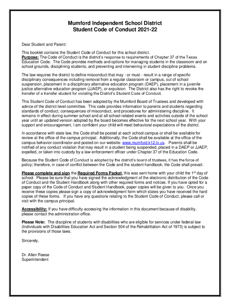 Fillable Online Fillable Online mumford k12 tx Code of Conduct - Texas ...