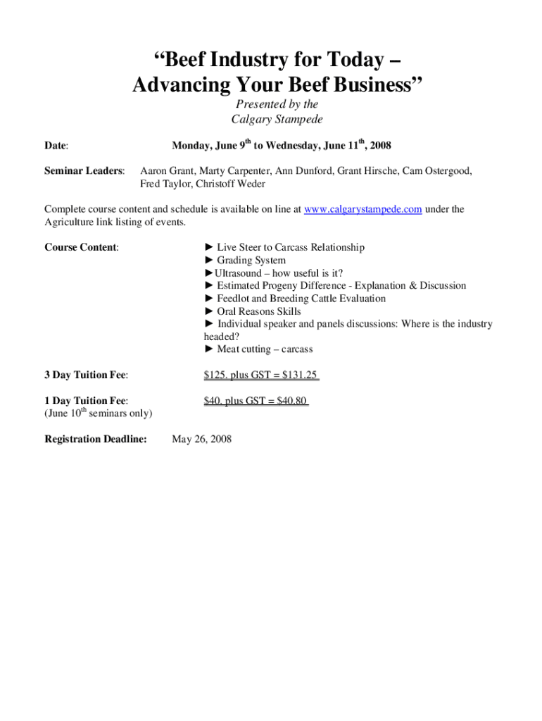 Fillable Online www1 agric gov ab LIVESTOCK EVALUATION SEMINAR. Beef Industry Today 2008 Fax ...