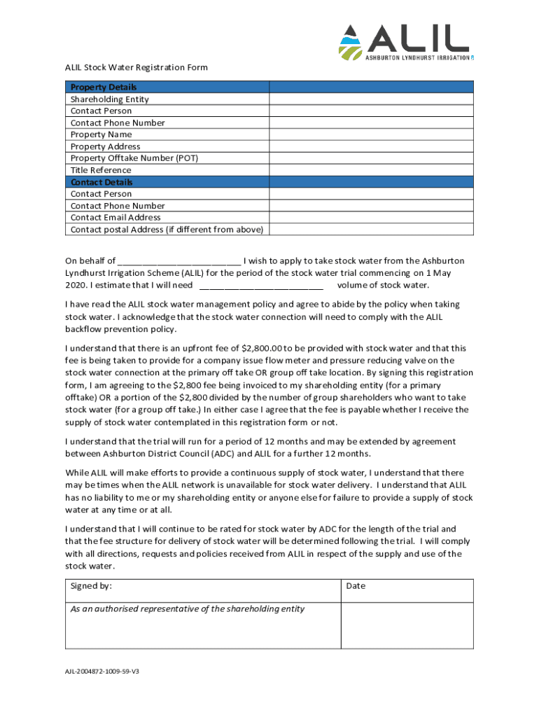 Fillable Online ALIL Stock Water Registration Form Fax Email Print ...