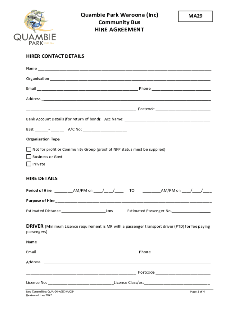 Fillable Online MA29 Bus Agreement of Hire - Waroona Fax Email Print ...