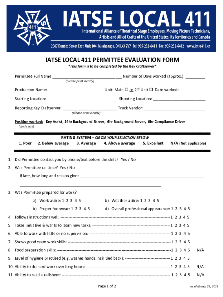 Fillable Online IATSE LOCAL 411 PERMITTEE EVALUATION FORM Fax Email ...