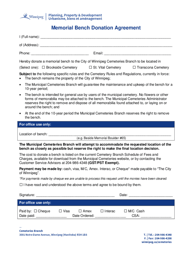 Fillable Online Memorial Bench Donation Agreement Fax Email Print - pdfFiller