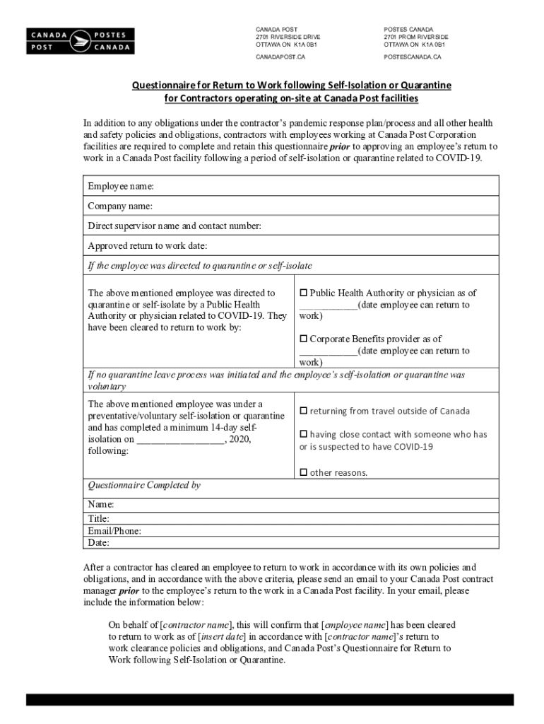 Fillable Online Questionnaire for Return to Work following Self ...