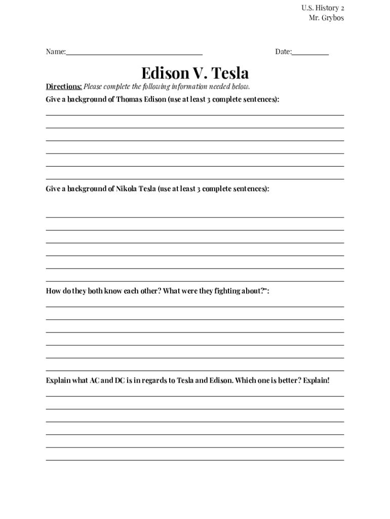 Fillable Online Tesla vs Edison: The Rivalry of the Ages - Stefano ...