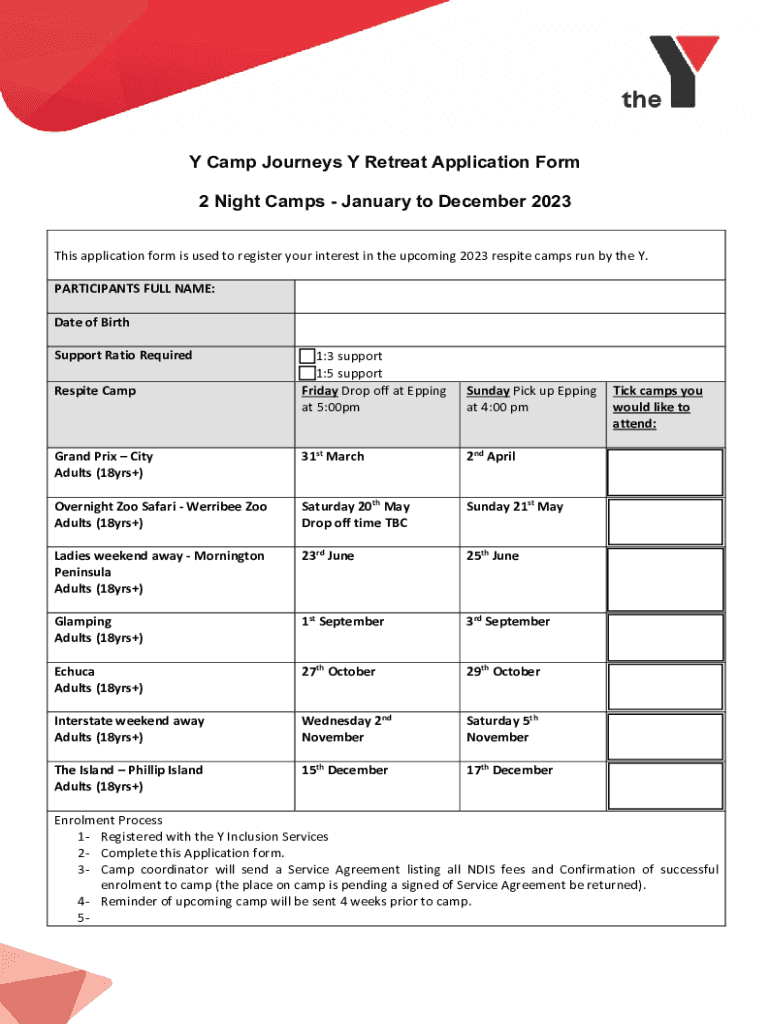 Fillable Online Y Camp Journeys Y Retreat Application Form 2 Night ...