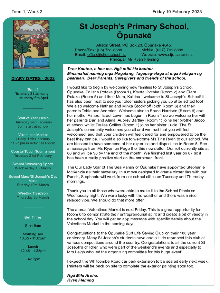 Fillable Online St Joseph's School (Opunake): Profile and Contact ...