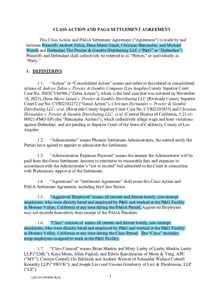 Fillable Online 1 CLASS ACTION AND PAGA SETTLEMENT AGREEMENT This ...