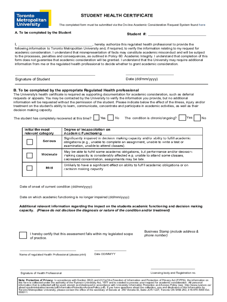 Fillable Online TMU Health Certificate Guidelines. TMU Health ...