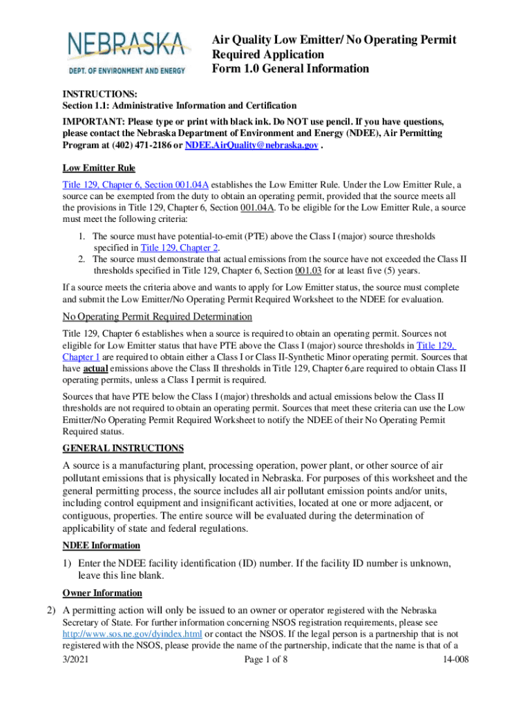Fillable Online Low Emitter/No Operating Permit Required Application ...