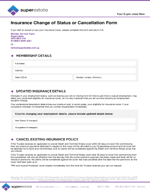Fillable Online Insurance Change of Status or Cancellation Form Fax ...