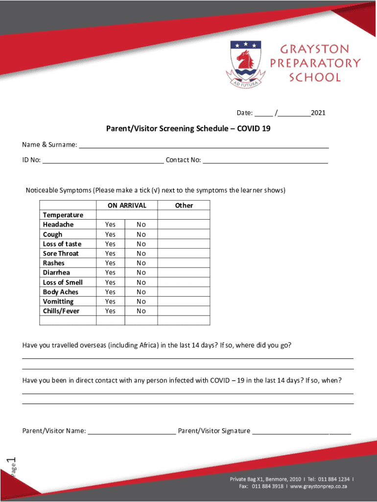 Fillable Online Parent/Visitor Screening ScheduleCOVID 19 Fax Email ...