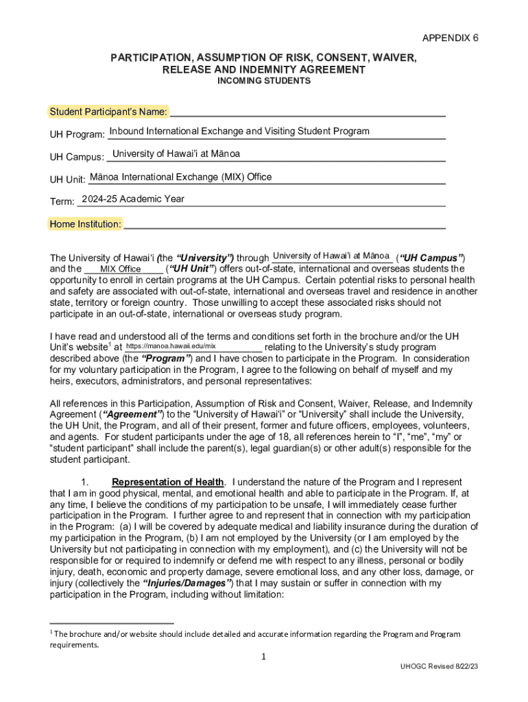 Fillable Online manoa hawaii Appendix 06 - International Incoming Student Consent, Waiver ...