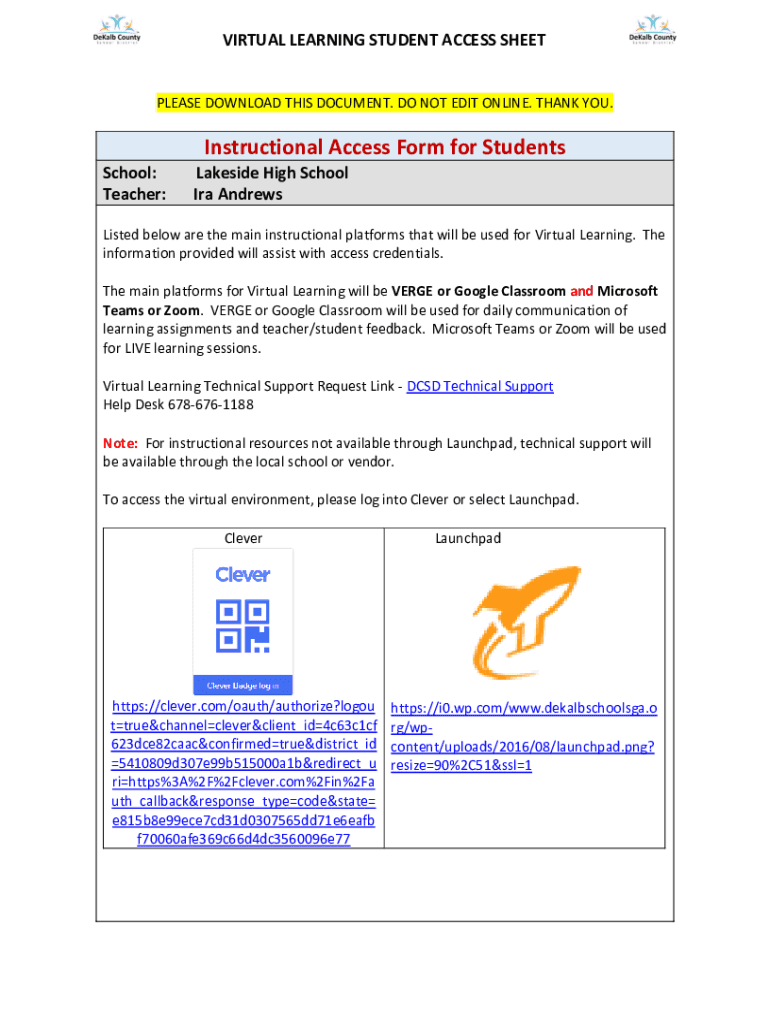 Fillable Online Instructional Access Form for Students - Lakeside High ...