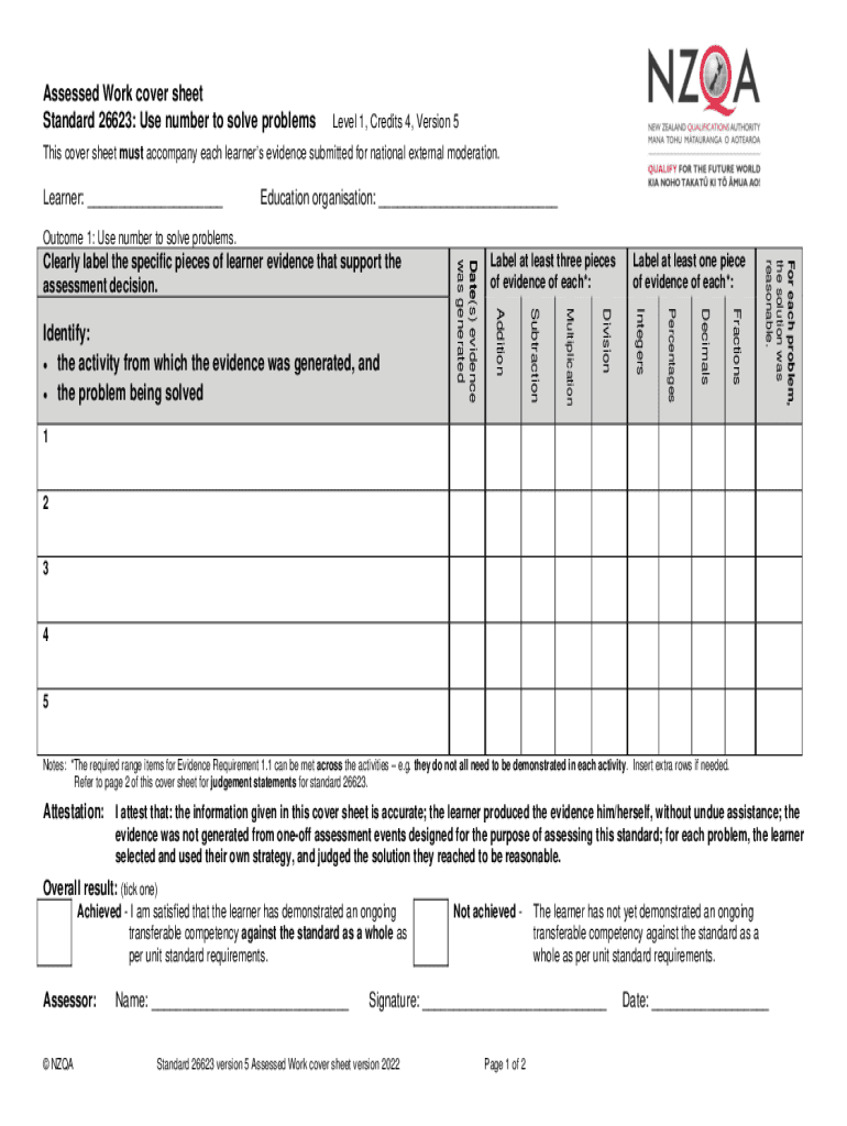 Fillable Online Assessed Work cover sheet Standard 26623 Fax Email Print - pdfFiller