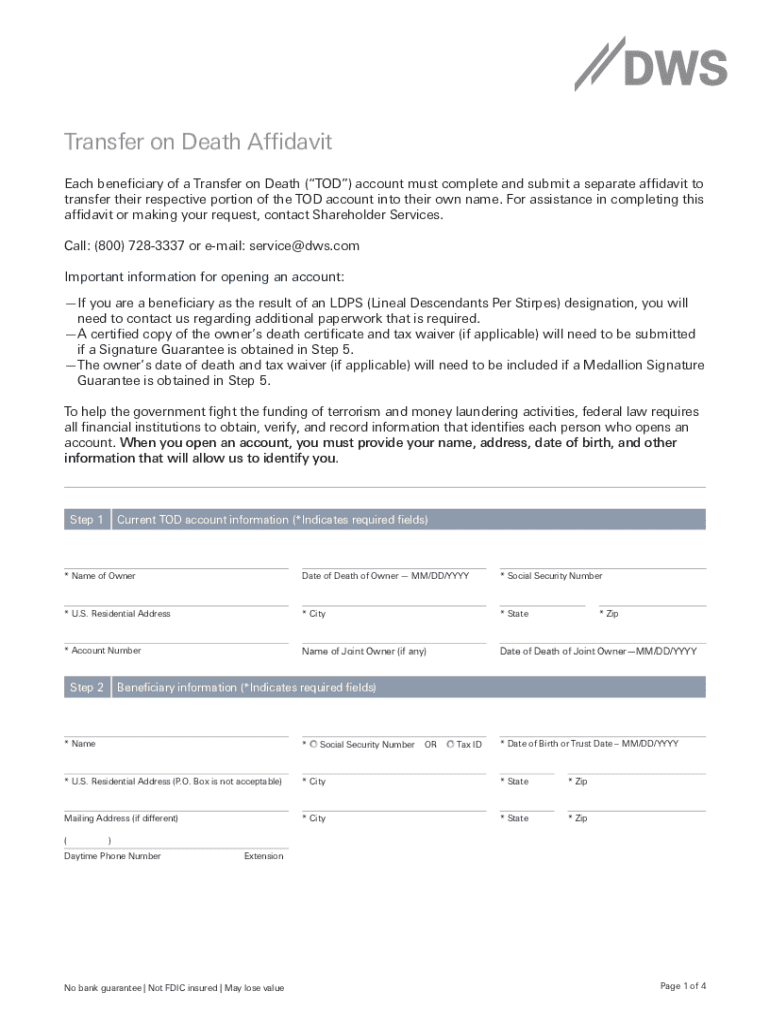 Fillable Online DWS Form-40A. Transfer on Death Affidavit - Form 40A ...