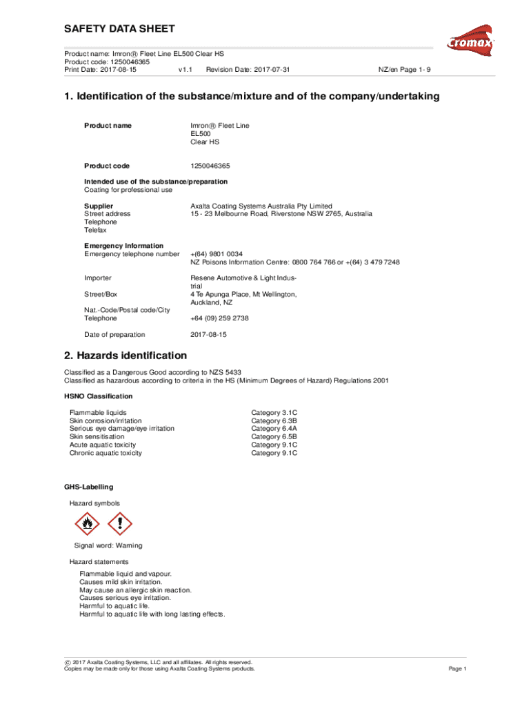 Fillable Online Safety Data Sheet. EL500 FOR IMRON ELITE Fax Email ...