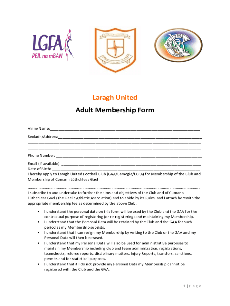 Fillable Online Adult Membership Form - LARAGH UTD - GAA.ie Fax Email ...