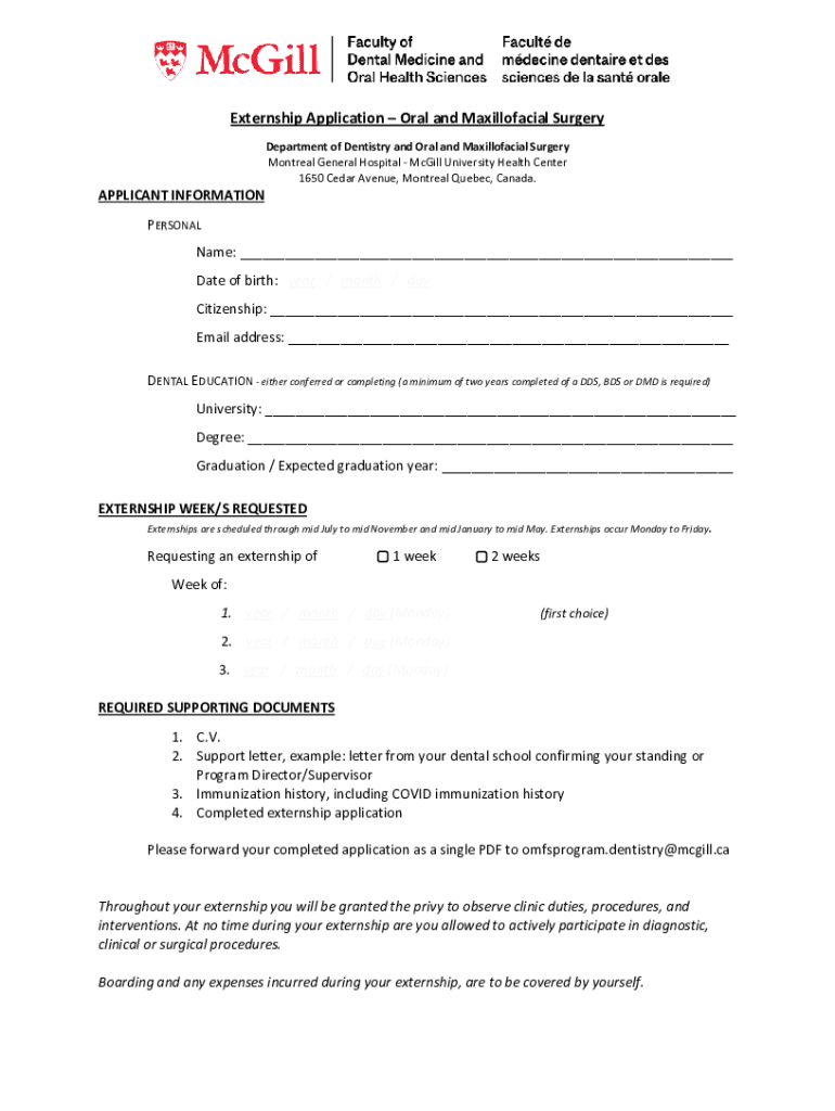 Fillable Online Externship ApplicationOral and Maxillofacial Surgery ...