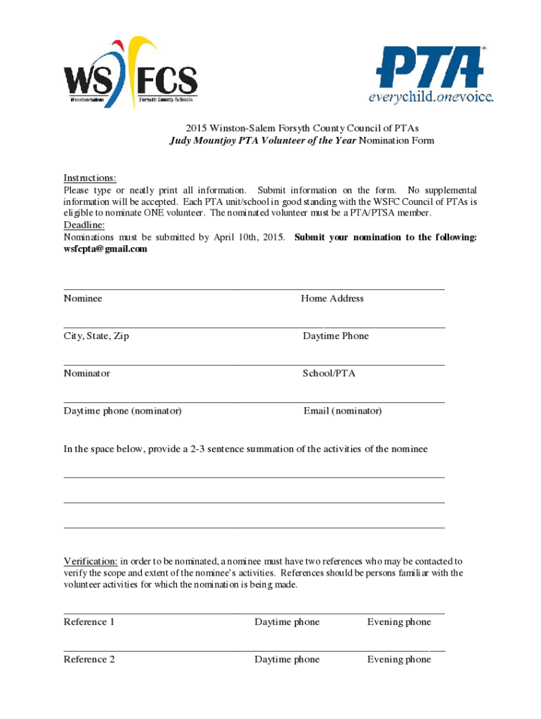 Fillable Online Judy Mountjoy PTA Volunteer of the Year Nomination Form ...