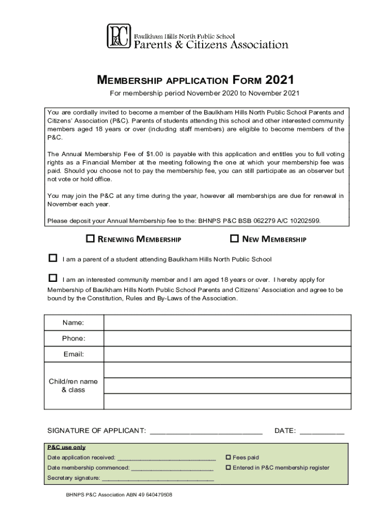 Fillable Online Parents & Citizens - Baulkham Hills North Public School Fax Email Print - pdfFiller