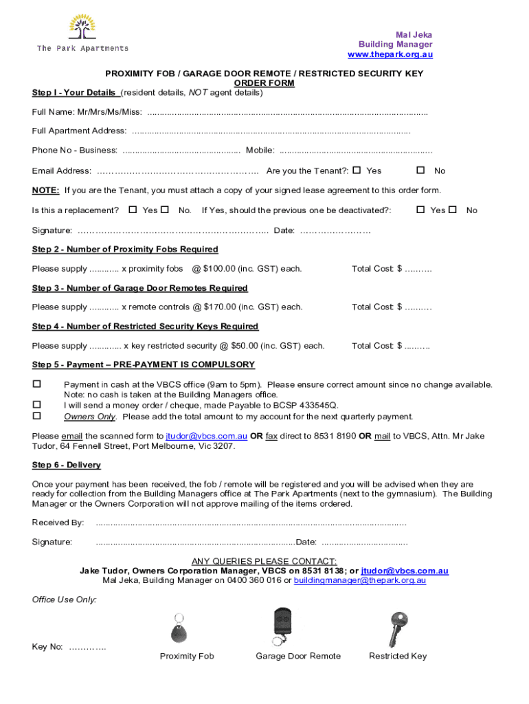 Fillable Online Fob/Key Request - The Park Apartments Fax Email Print ...