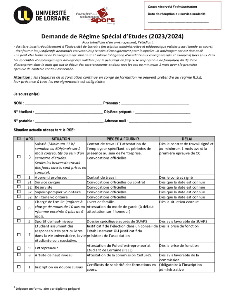 Remplissable En Ligne RSE (Rgime Spcial d'tudes) - UFR All Metz Fax ...