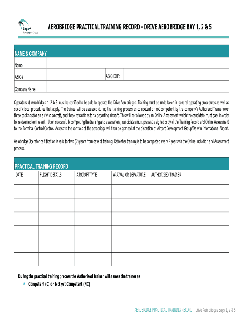 Fillable Online Aerobridge practical training record. Drive Aerobridges Bays 1, 2 & 5 Fax Email ...