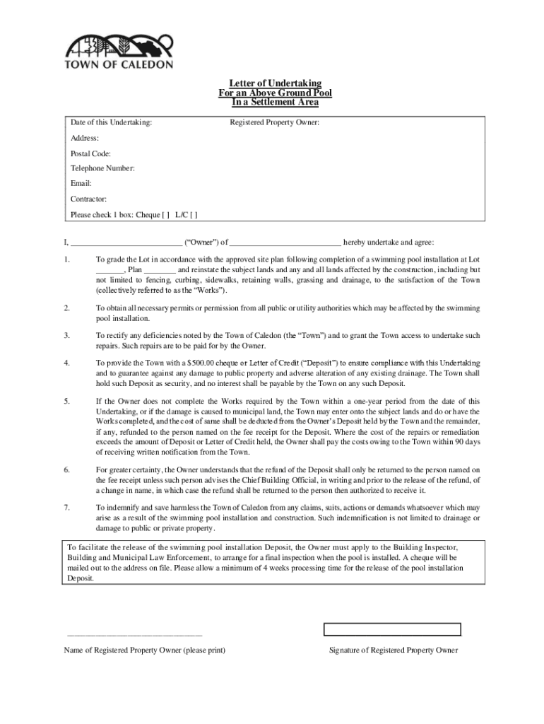 Fillable Online Letter of Undertaking For an Above Ground Pool In a ...