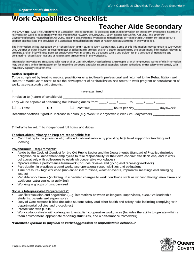 Work capabilities checklistteacher aide secondary. Work capabilities ...