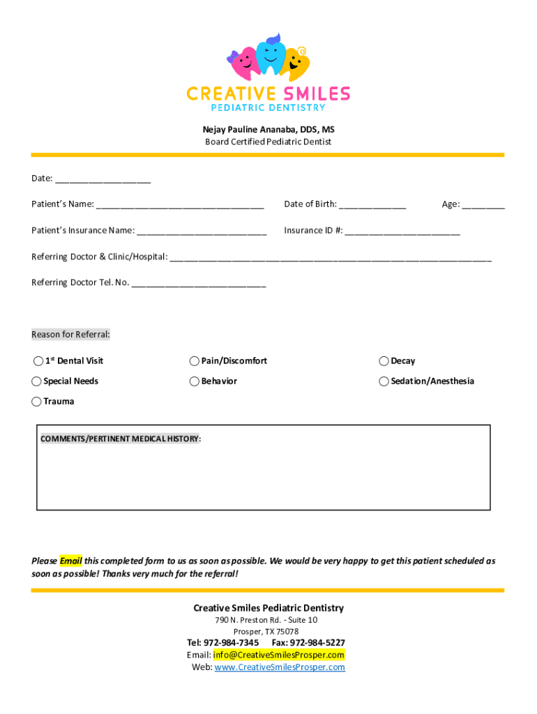 Fillable Online Creative Smiles Pediatric Dentistry Fax Email Print ...
