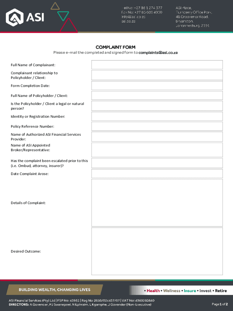 Fillable Online COMPLAINT LODGE FORM Fax Email Print - pdfFiller