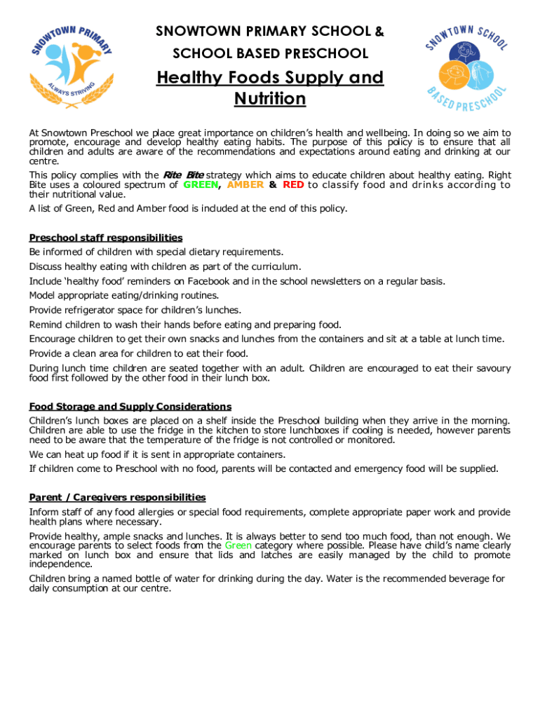Fillable Online Snowtown School Based Preschool - food supply and ...
