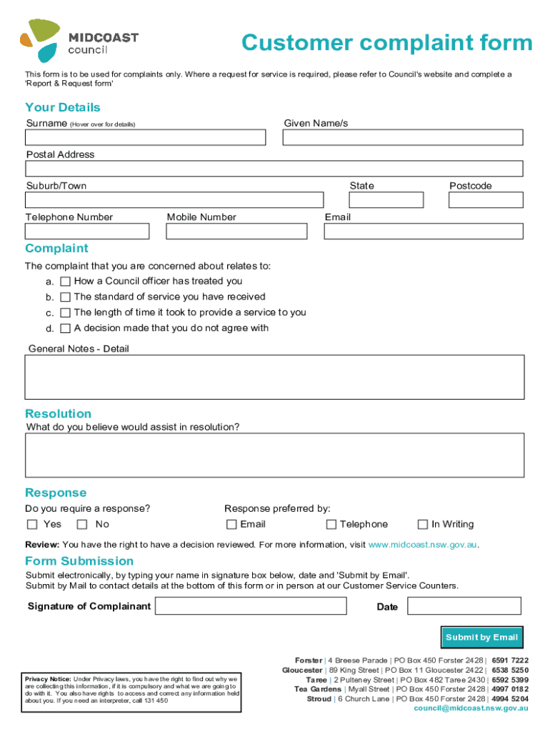 Fillable Online Compliments and feedback - MidCoast Council Fax Email ...