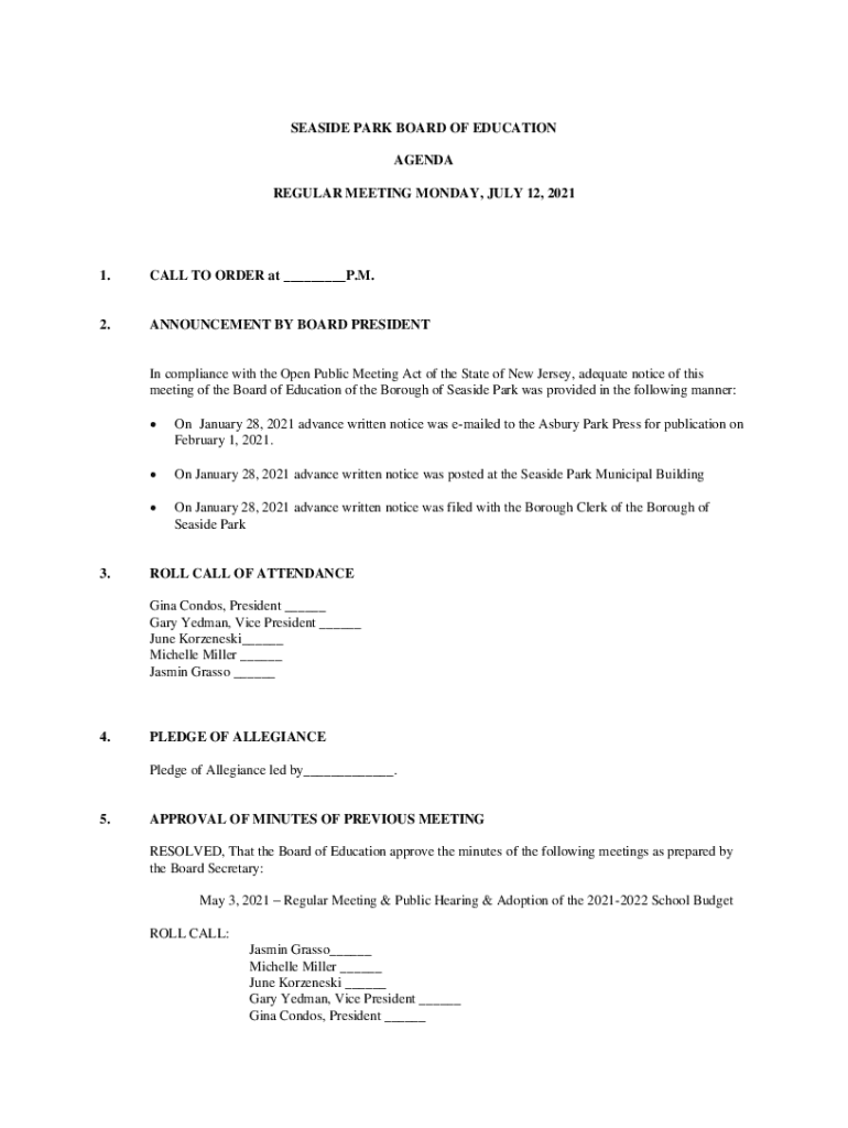Fillable Online ANNOUNCEMENT BY BOARD PRESIDENT Fax Email Print - pdfFiller