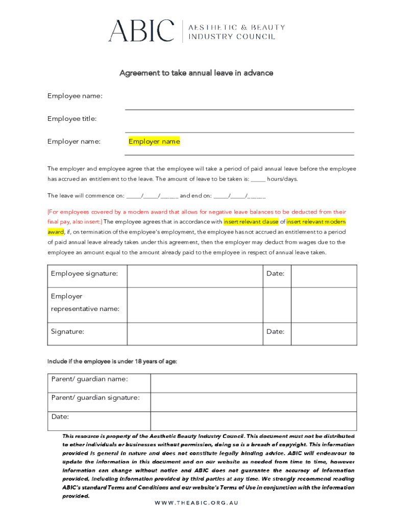 Fillable Online Agreement to take annual leave in advance template Fax ...