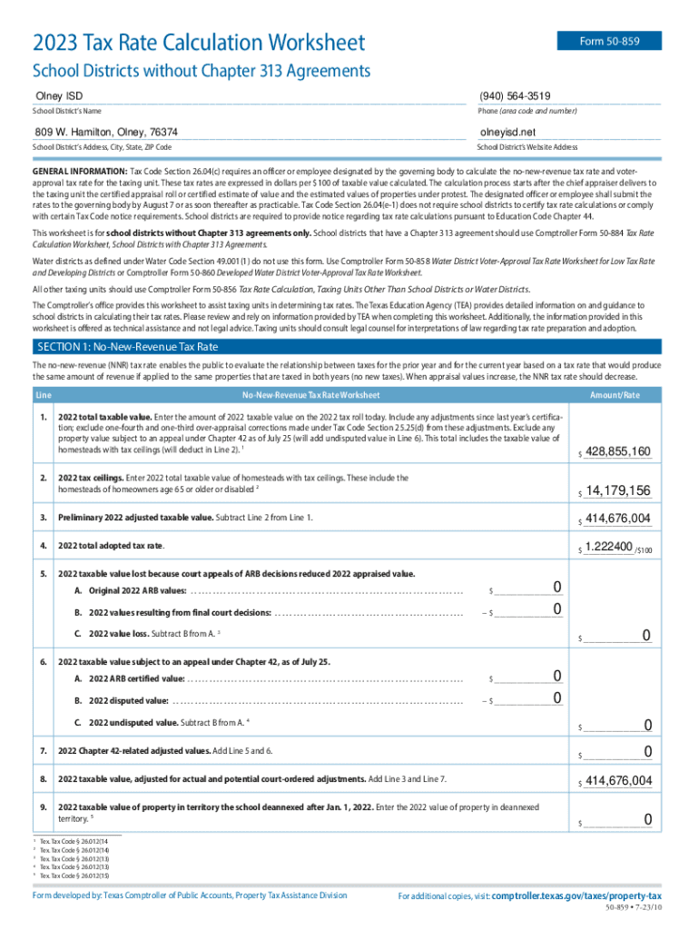 Fillable Online 2023 Tax Rate Calculation Worksheet - Archer County ...