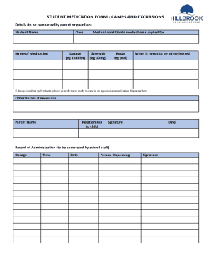 Fillable Online Student Medication Form for Camps and Overnight ...