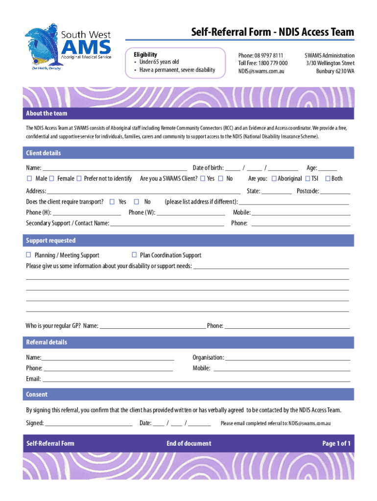 Fillable Online Self-Referral Form - NDIS Access Team Fax Email Print ...