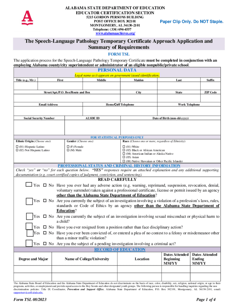 Fillable Online Form TSL. Form TSL Speech Language Pathology Temporary ...