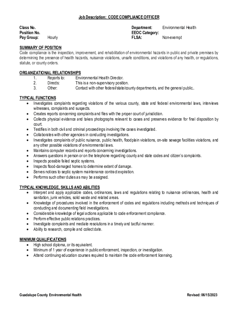 Fillable Online Job Posting: Code Compliance Officer - I - Placer ...